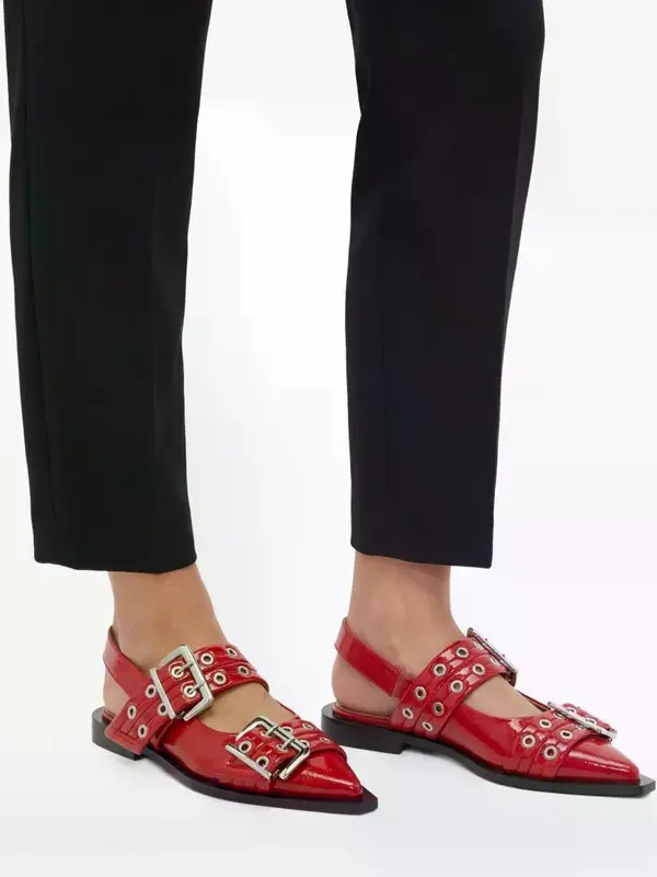 GANNI Wide Welt Buckled Ballerina Shoes - Red