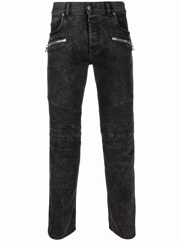 Balmain Ribbed Slim-cut Bleached Jeans - Black