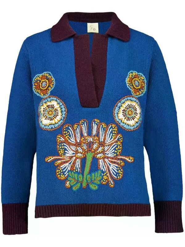 PAULA Embroidered V-neck Sweater - Blue