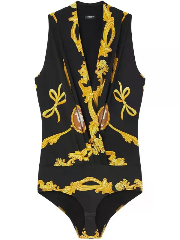 Versace Silk Draped Cameo Print Bodysuit