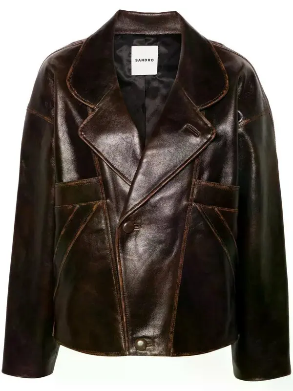 Sandro Oversized Lambskin Leather Jacket With Suit-style Lapel Collar