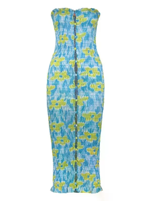 AMY CROOKES Floral Print Strapless Midi Dress - Blue