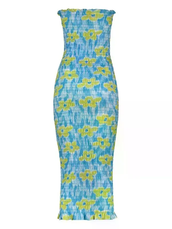 AMY CROOKES Floral Print Strapless Midi Dress - Blue