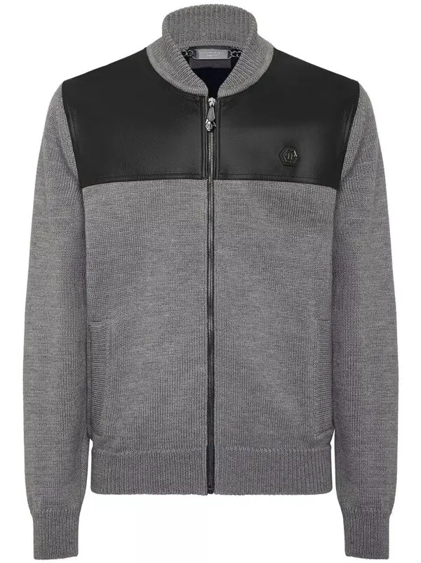 Philipp Plein Skull Intarsia Knit Bomber Jacket - Grey