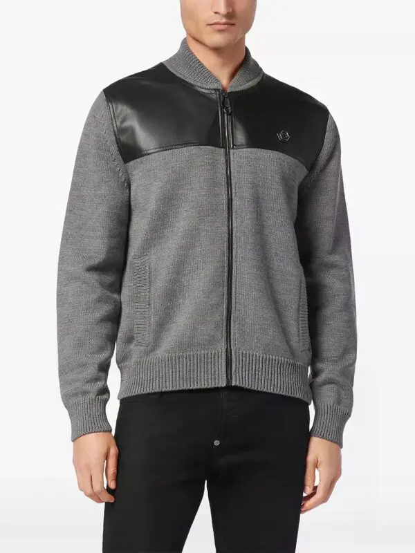 Philipp Plein Skull Intarsia Knit Bomber Jacket - Grey
