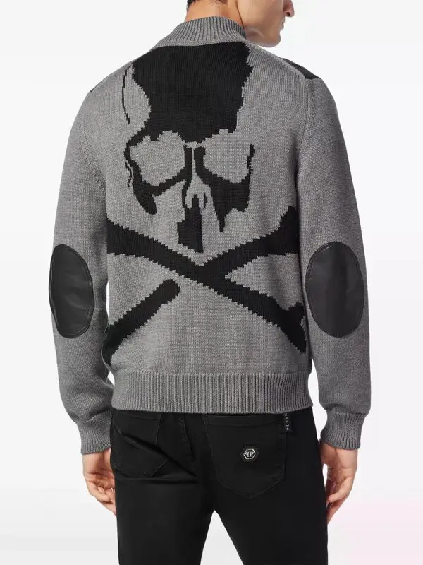 Philipp Plein Skull Intarsia Knit Bomber Jacket - Grey