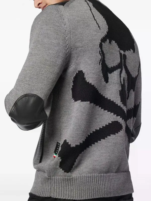 Philipp Plein Skull Intarsia Knit Bomber Jacket - Grey