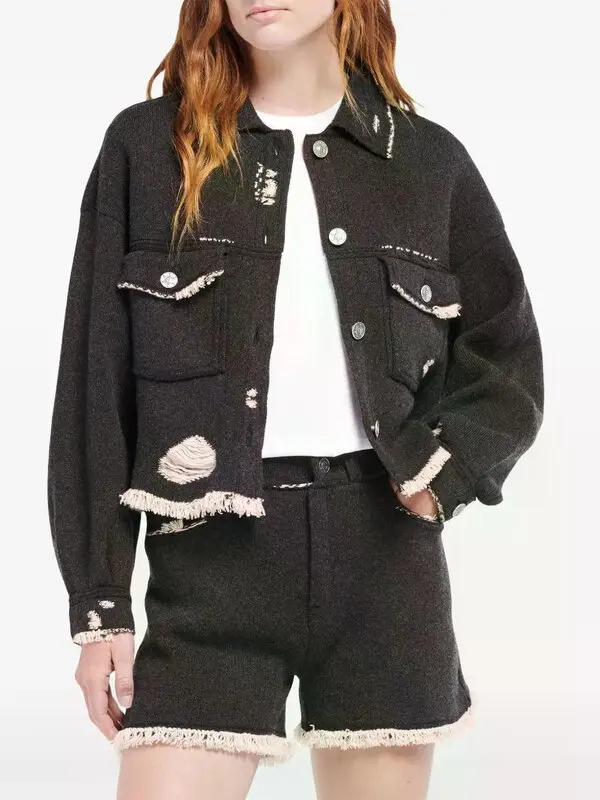 BARRIE Distressed Fringed Denim Jacket - Black