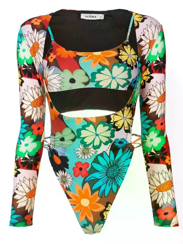 AMIR SLAMA Floral-print Cut-out Long Sleeve Swimsuit - Multicolour