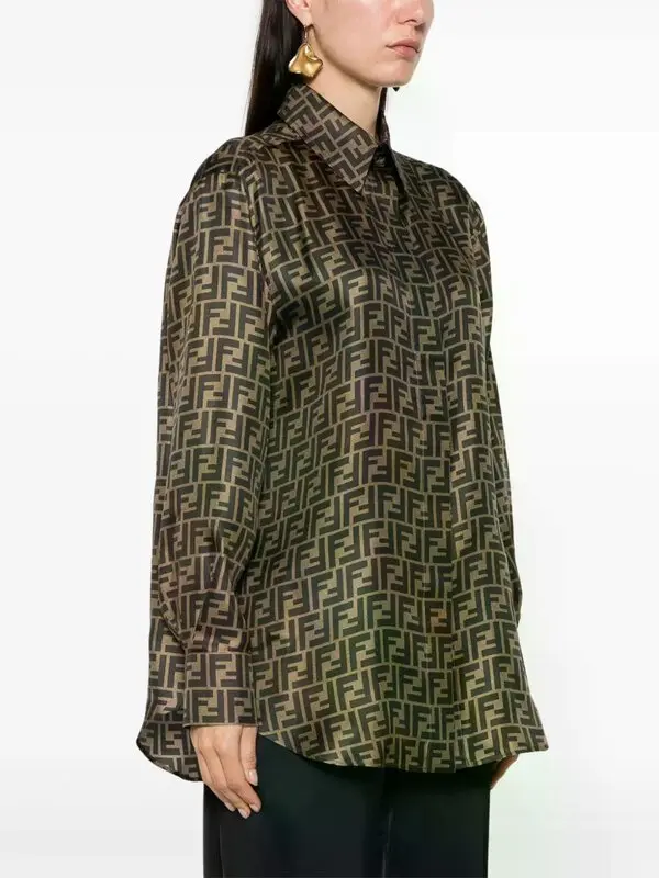 Fendi Ff-logo Print Silk Shirt - Brown