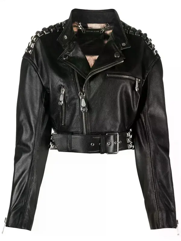 Philipp Plein Rockstud Cropped Leather Jacket - Black