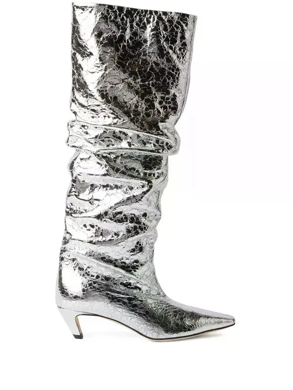 MSGM Ruched Foiled Leather Kitten Heel Boots