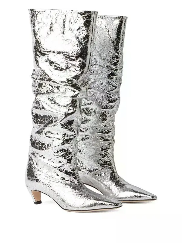 MSGM Ruched Foiled Leather Kitten Heel Boots