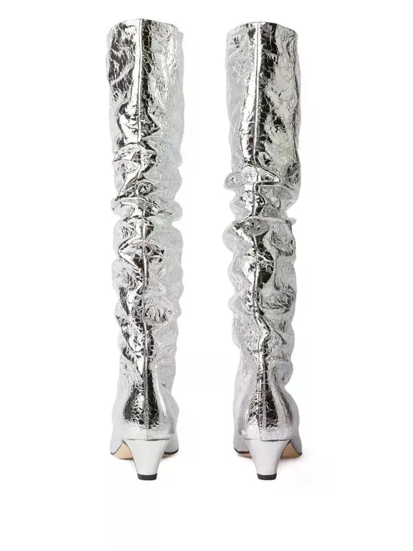 MSGM Ruched Foiled Leather Kitten Heel Boots