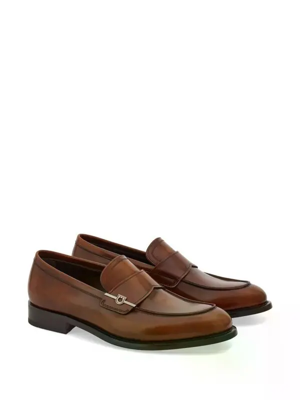 FERRAGAMO Gancini-plaque Leather Loafers - Brown