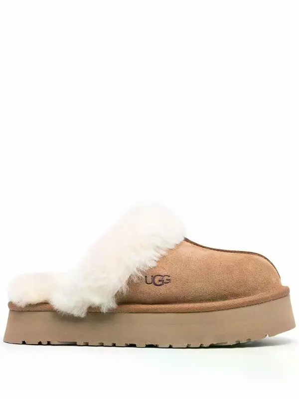 UGG Disquette Suede Shearling Lined Platform Slippers - Neutrals