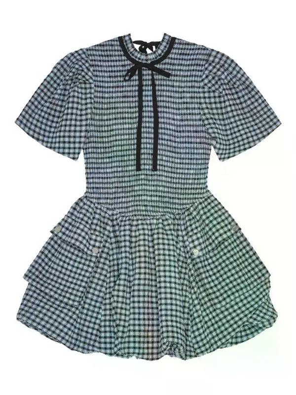 GANNI Checked Seersucker Mini Dress - Blue