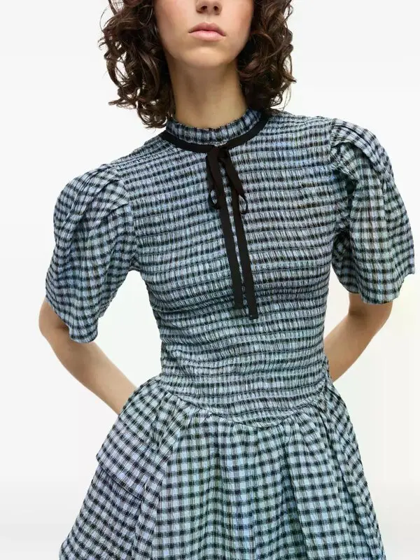GANNI Checked Seersucker Mini Dress - Blue