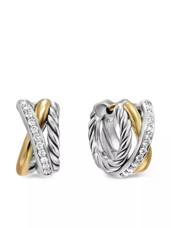 David Yurman 18kt Yellow Gold And Sterling Crossover Three Row Diamond Hoop Earrings - Silver