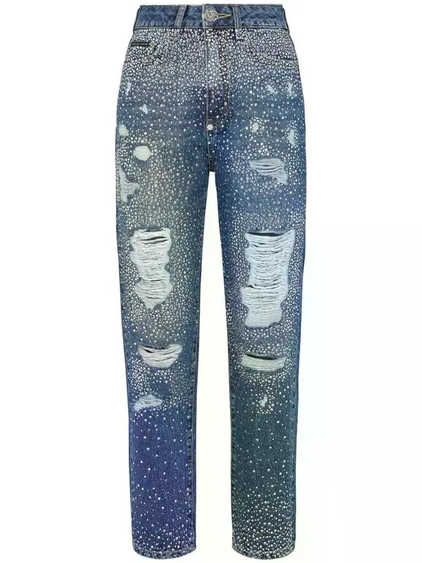 Philipp Plein Crystal-embellished Distressed Denim Trousers