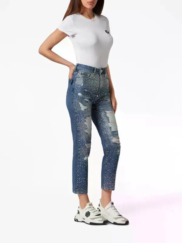 Philipp Plein Crystal-embellished Distressed Denim Trousers