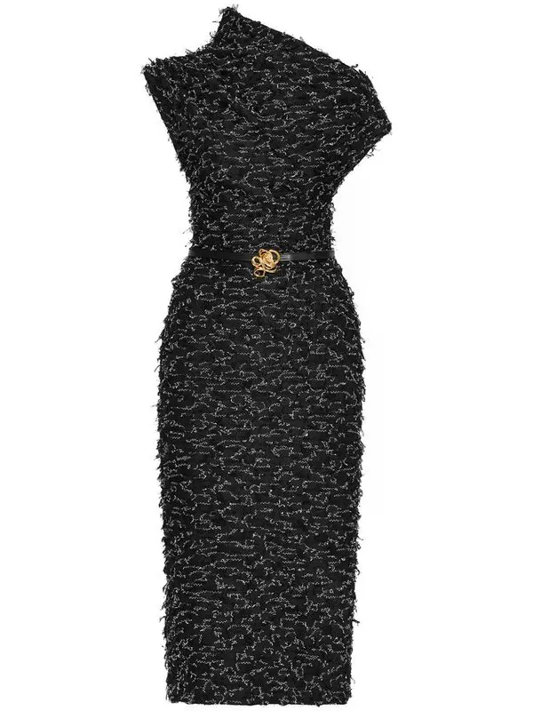 Oscar De La Renta Belted Asymmetric Neck Pencil Dress