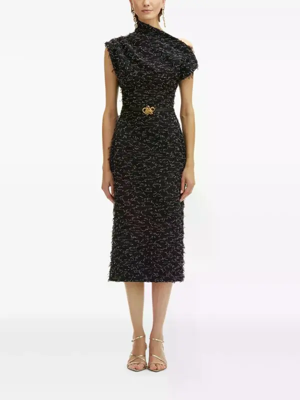 Oscar De La Renta Belted Asymmetric Neck Pencil Dress