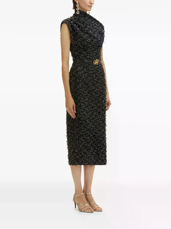 Oscar De La Renta Belted Asymmetric Neck Pencil Dress