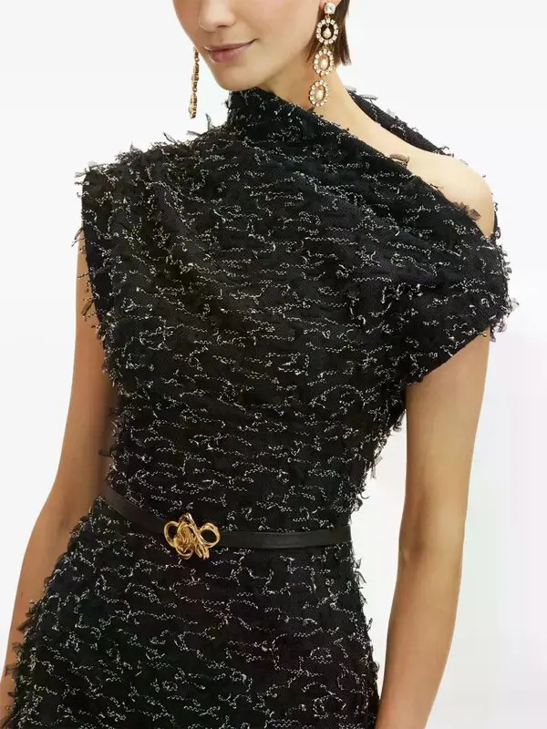 Oscar De La Renta Belted Asymmetric Neck Pencil Dress
