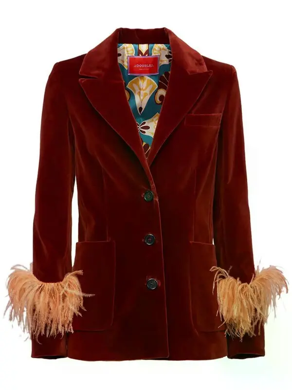 La DoubleJ Keaton Feather-trim Velvet Blazer