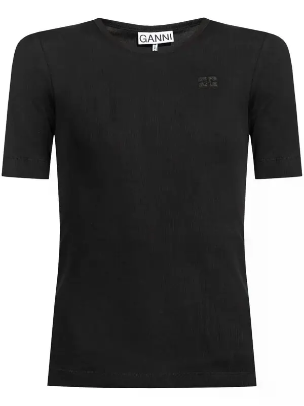 GANNI Logo-appliqué Ribbed T-shirt - Black