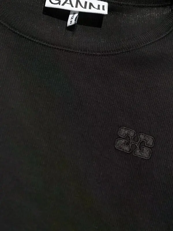 GANNI Logo-appliqué Ribbed T-shirt - Black