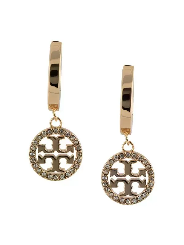 Tory Burch Miller Hoop Earrings With Pavé Crystal Double T Charm - Gold