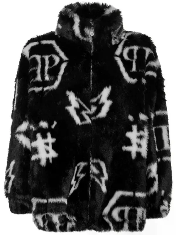 Philipp Plein Monogram-print Faux Fur Coat - Black