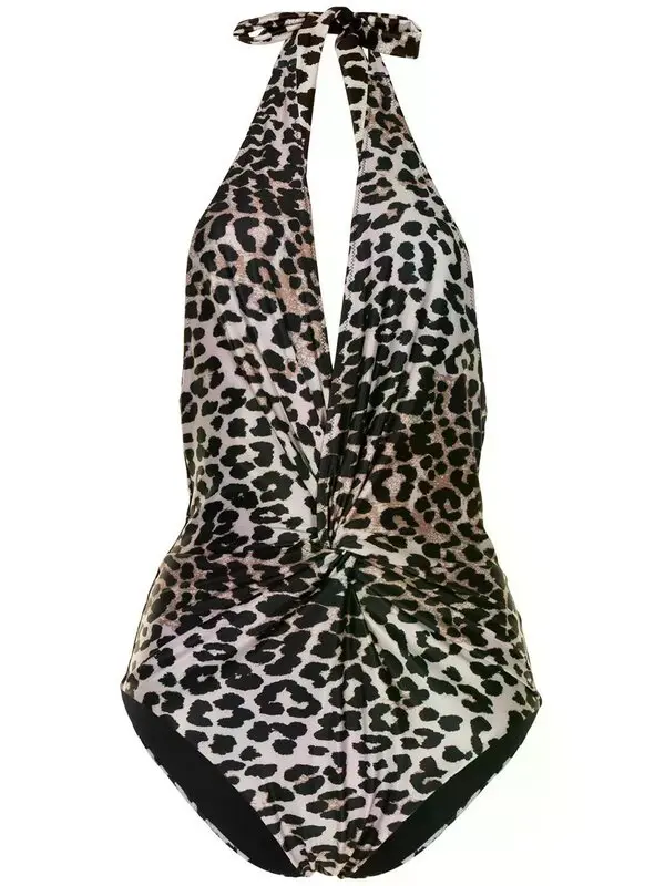 DUSKII Leopard-print Halterneck Swimsuit - Brown