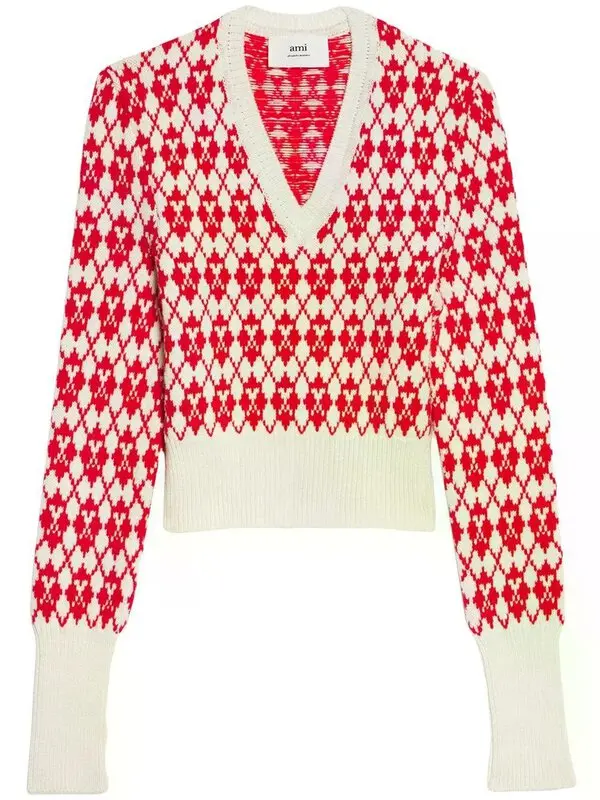 AMI Paris De Coeur Argyle Jumper - Red