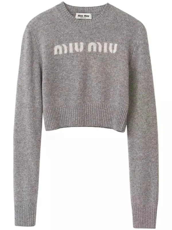 Miu Miu Wool And Cashmere Cropped Sweater With Intarsia Logo