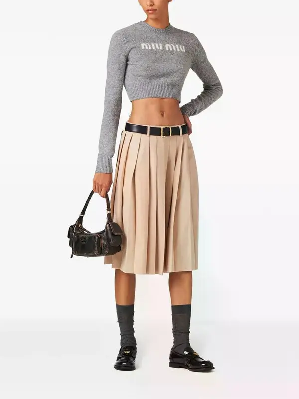 Miu Miu Wool And Cashmere Cropped Sweater With Intarsia Logo