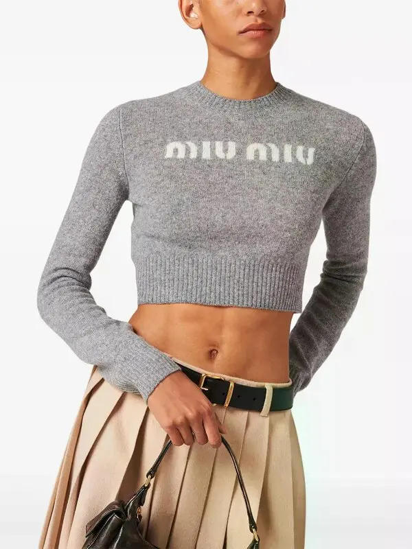 Miu Miu Wool And Cashmere Cropped Sweater With Intarsia Logo