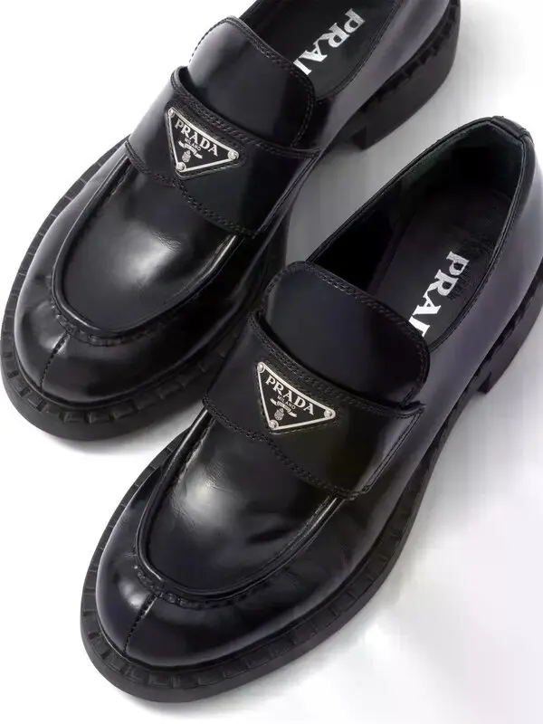 Prada Brushed Leather Loafers With Enameled Triangle Logo