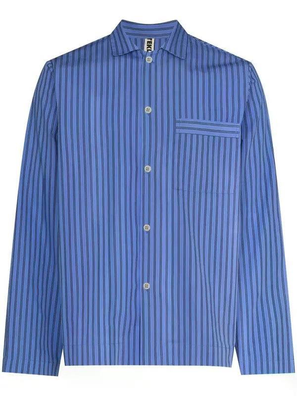 TEKLA Striped Poplin Pajama Shirt - Blue