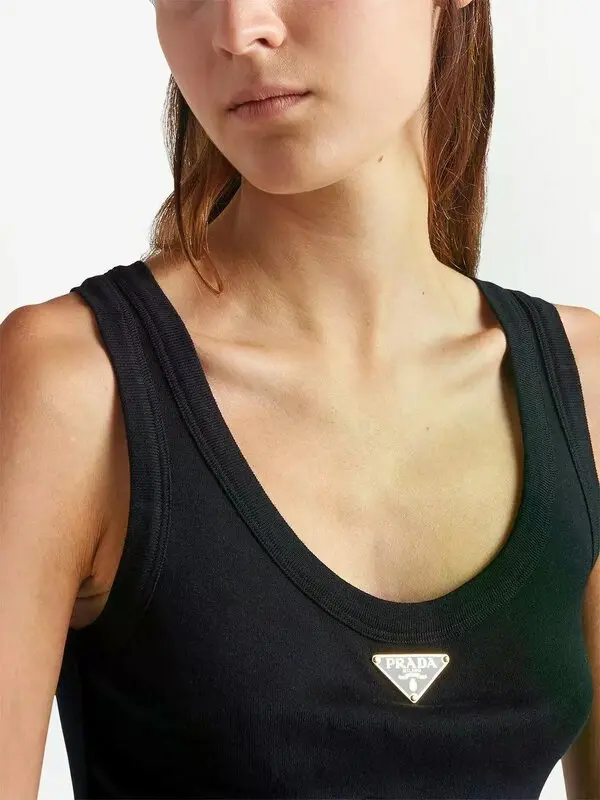 Prada Ribbed-knit Jersey Tank Top With Triangle Logo - Black