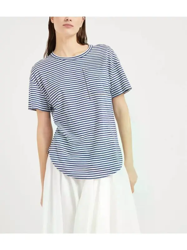 Brunello Cucinelli Horizontal Stripe Cotton Shirt With Monili Chain Embellishment