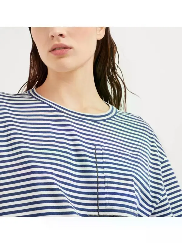 Brunello Cucinelli Horizontal Stripe Cotton Shirt With Monili Chain Embellishment