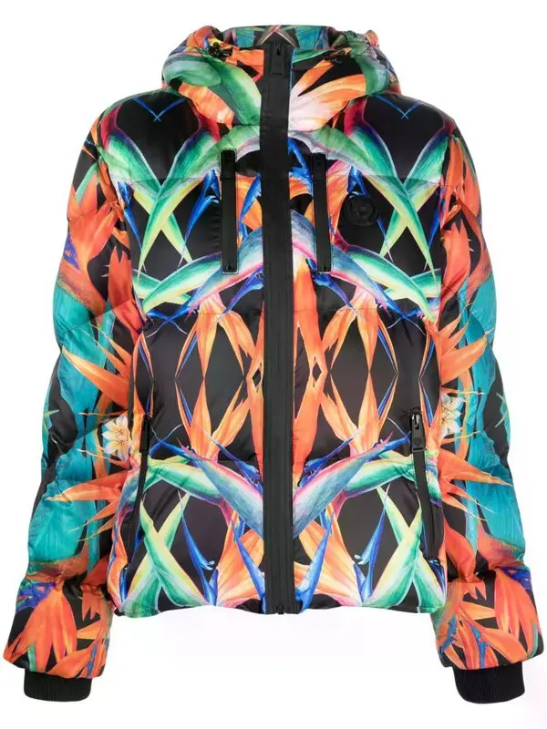 PLEIN SPORT Botanical-print Hooded Puffer Jacket - Black