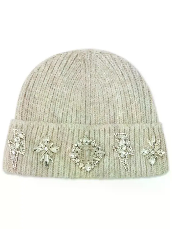 Philipp Plein Brooch-detail Ribbed Knit Beanie - Neutrals