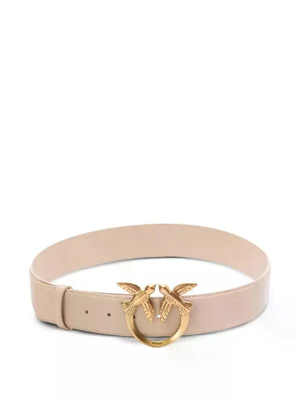 Pinko Leather Belt With Love Birds Diamond Cut Buckle - Neutrals