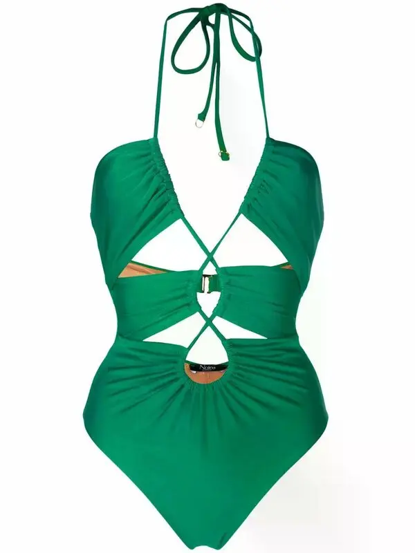 NOIRE SWIMWEAR Gathered Cut-out Halterneck Swimsuit - Green