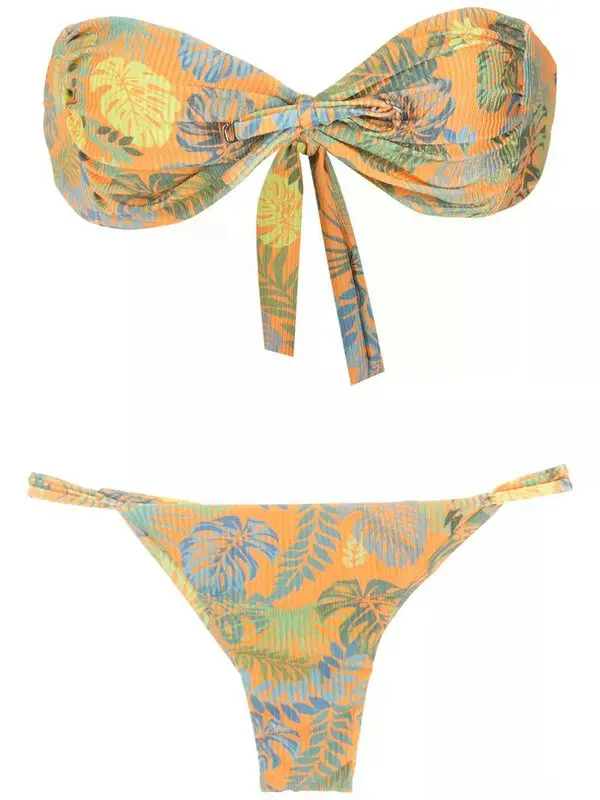 AMIR SLAMA Palm Leaf Print Bandeau Bikini - Orange