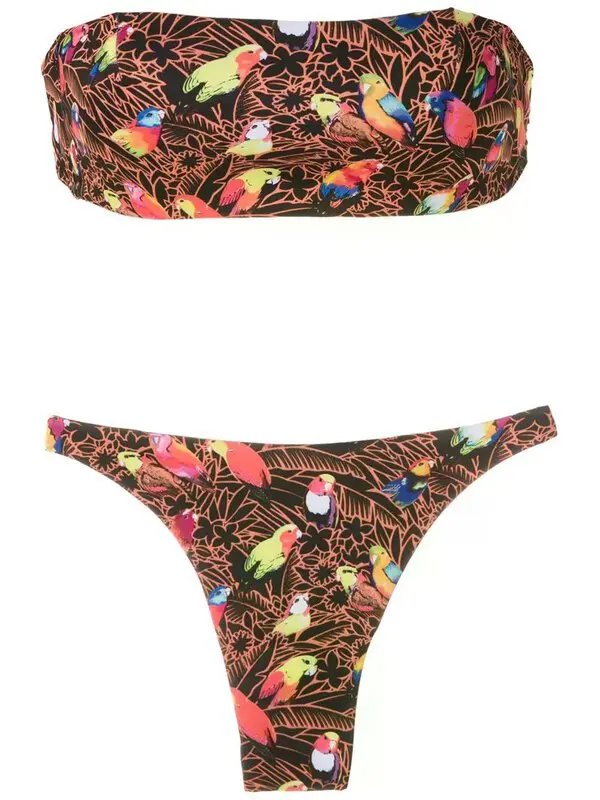 AMIR SLAMA Parrot-print Bandeau Bikini Set - Black